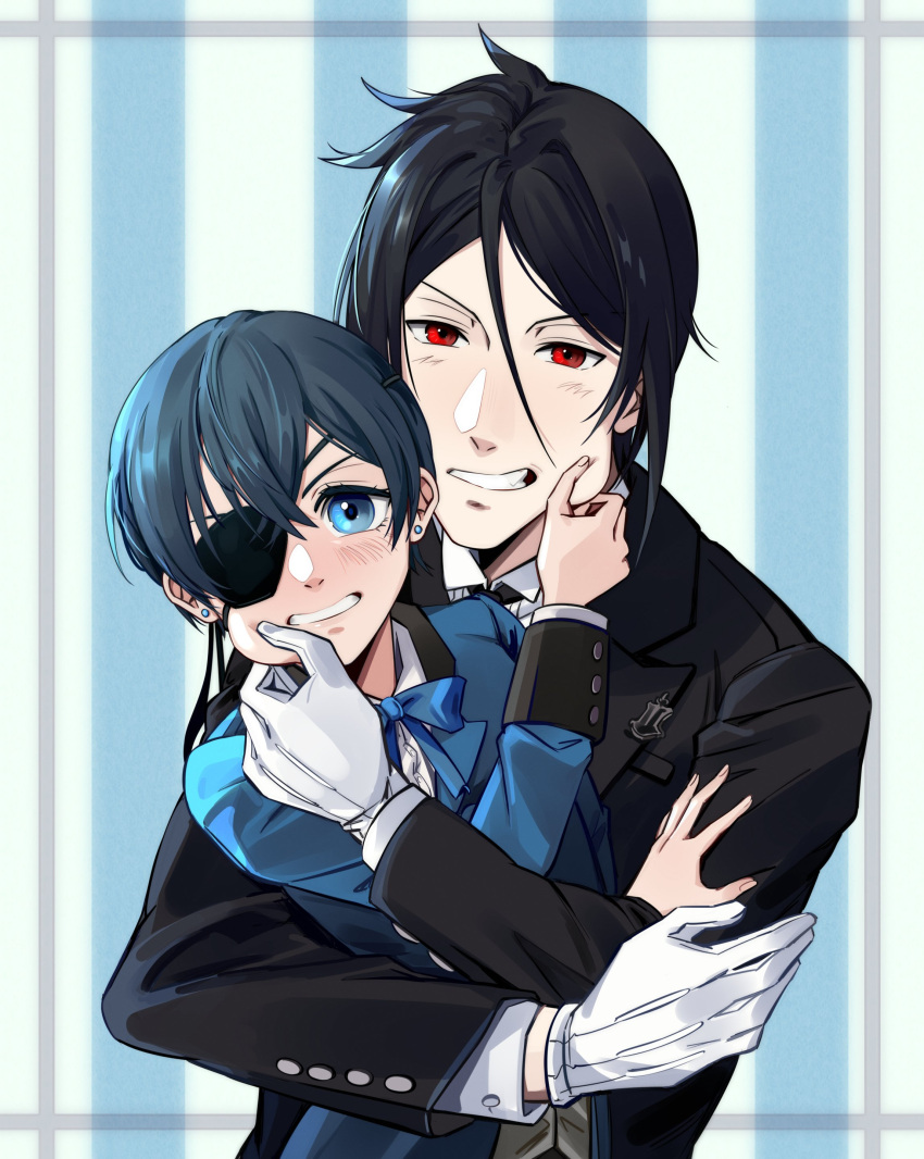 Safebooru - 2boys absurdres bishounen black hair black suit blue eyes blue hair blue jacket blue ...