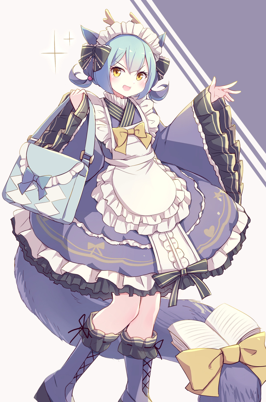 Safebooru - 1girl absurdres adapted costume apron bag blue hair blue kimono boots dragon girl ...