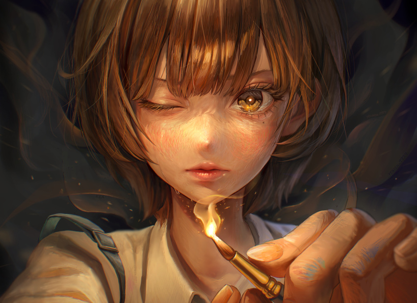 Safebooru - 1girl artist name black background blunt bangs brown hair calligraphy brush close-up ...