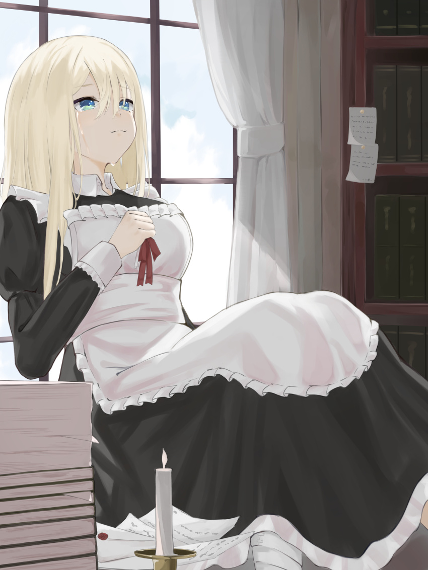 Safebooru - 1girl absurdres black dress blonde hair blue eyes blue sky book book stack bookshelf ...