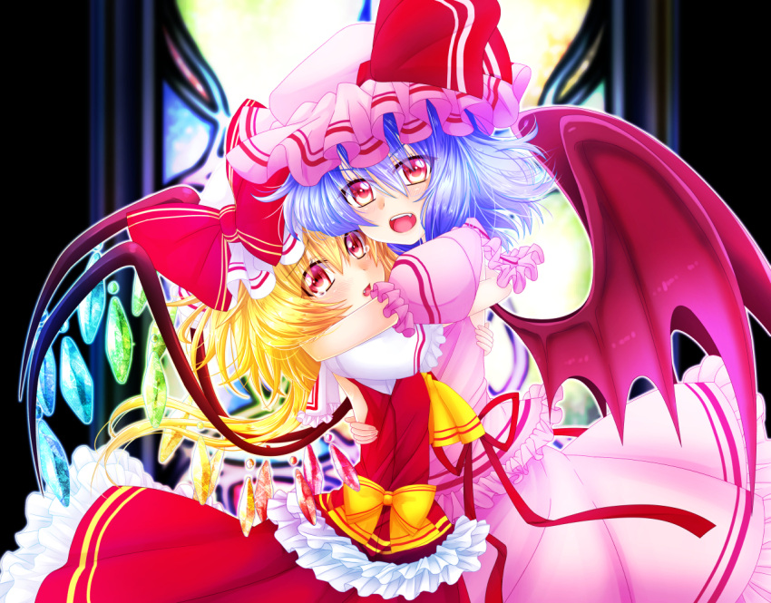 Safebooru - 2girls ascot baretto bat wings blonde hair blue hair blush crystal dress fangs ...