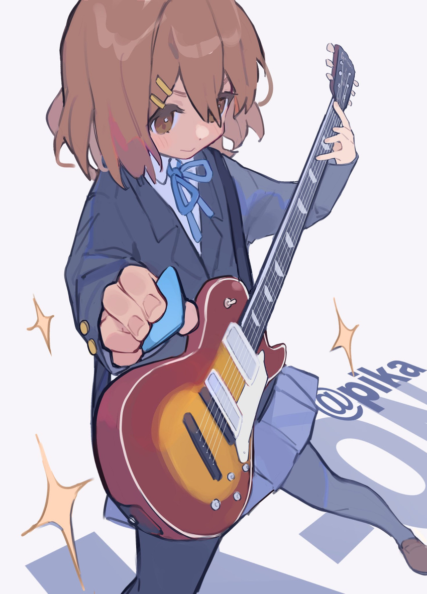 Safebooru - 1girl bass guitar blazer blue ribbon blue skirt brown eyes brown footwear brown hair ...