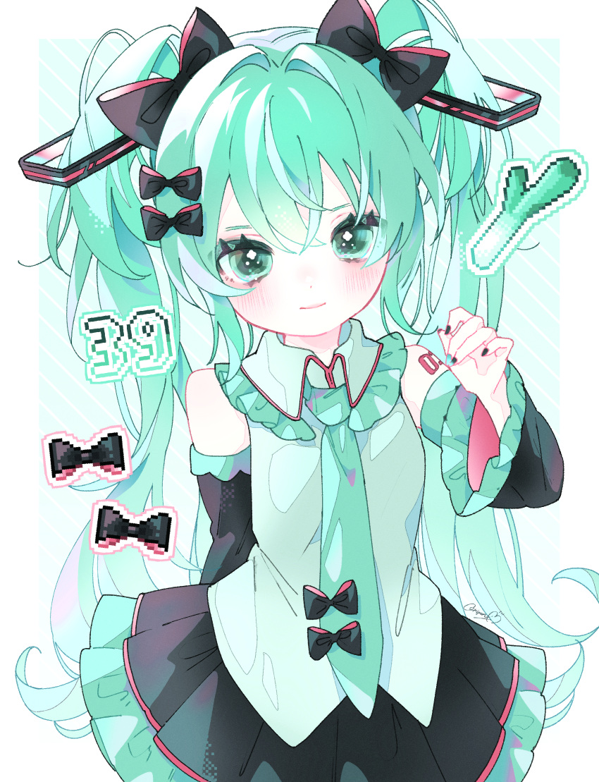 Safebooru - 1girl absurdres akiponv aqua eyes aqua hair aqua nails aqua necktie arm behind back ...