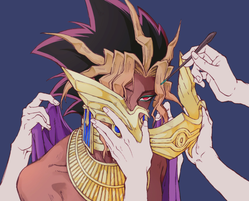 Safebooru - 1boy atem black hair blonde hair blue background cape ...