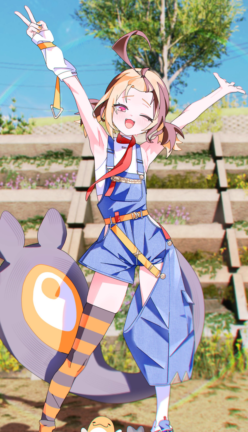 Safebooru - 1girl absurdres ahoge alternate costume blue overalls blue sky blush brown hair ...