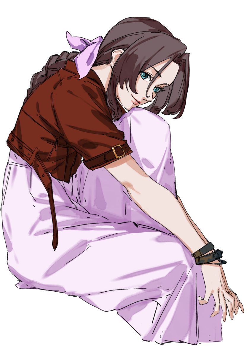 Safebooru - 1girl absurdres aerith gainsborough blue eyes bow bracelet braid brown hair closed ...