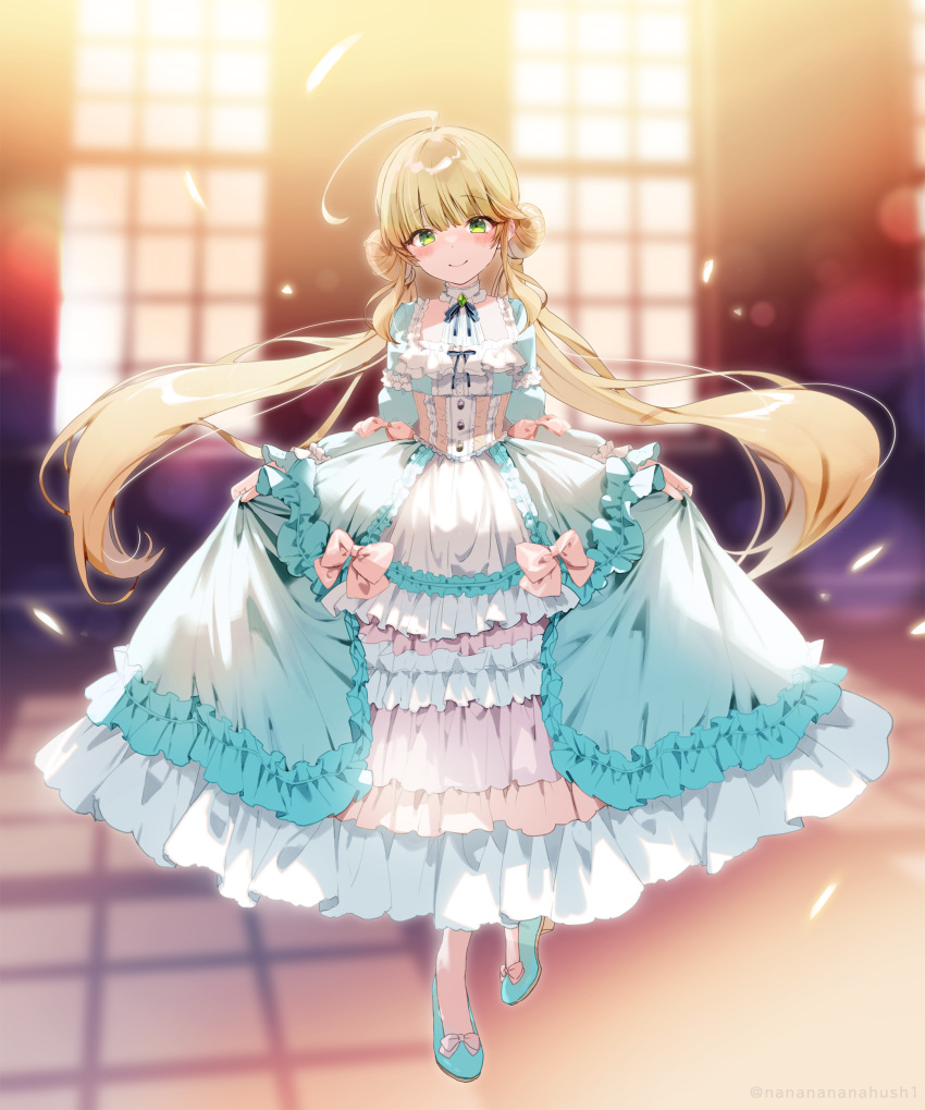 Safebooru - 1girl absurdres ahoge aqua dress aqua footwear blonde hair blurry blurry background ...