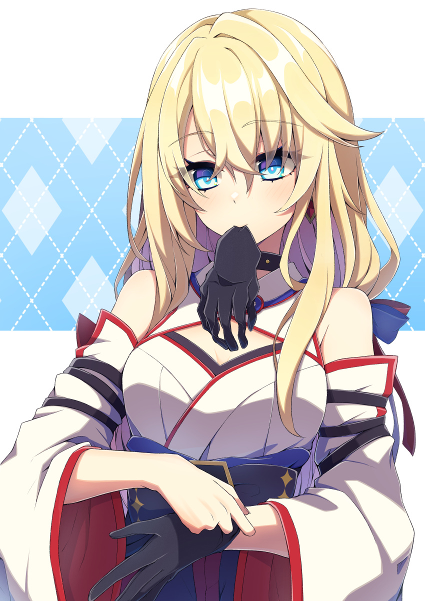 Safebooru - 1girl absurdres black gloves blonde hair blue eyes choker detached sleeves glove in ...