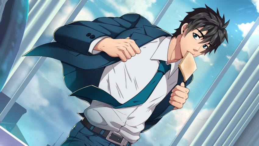 Safebooru - 1boy belt black hair blue coat blue eyes blue pants blue suit bread bread slice coat ...