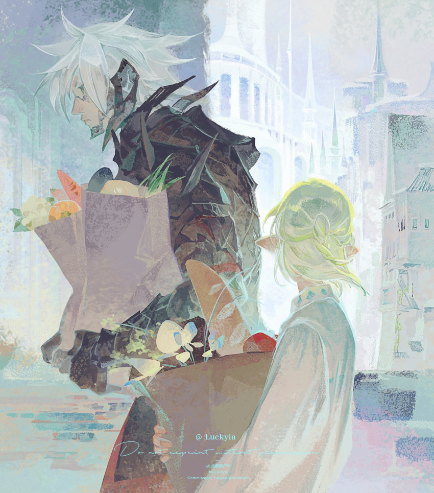 Safebooru - 1boy 1girl armor artist name au ra bag blonde hair breastplate building cowboy shot ...