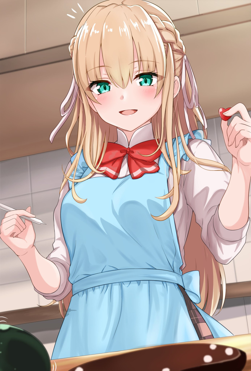 Safebooru 1girl Apron Blonde Hair Blush Bow Braid Chocolate Making 6556