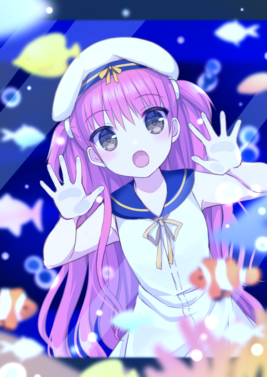 Safebooru - 1girl 2024 :o absurdres akausagi aquarium awestruck bare arms blue sailor collar ...