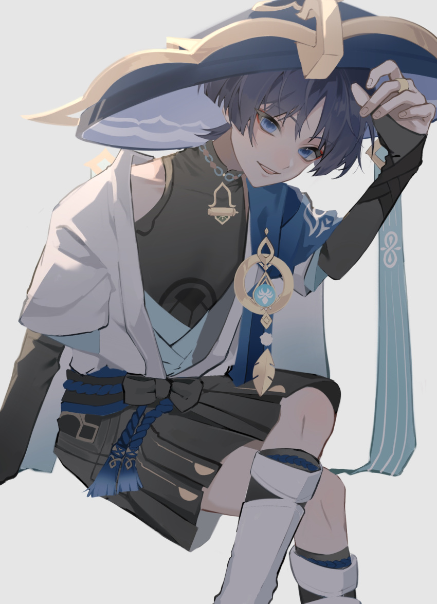 Safebooru - 1boy absurdres anemo symbol (genshin impact) aqua sleeves arm at side arm support ...