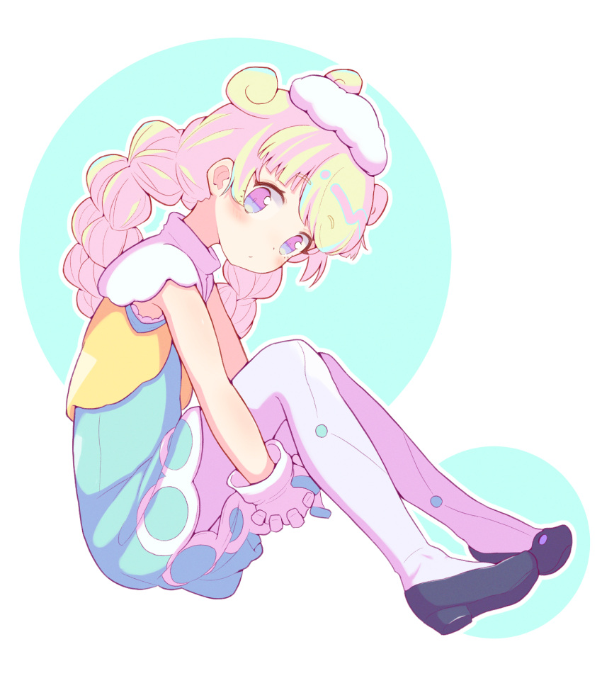 Safebooru - 1girl aqua dress arms between legs black footwear blue ...