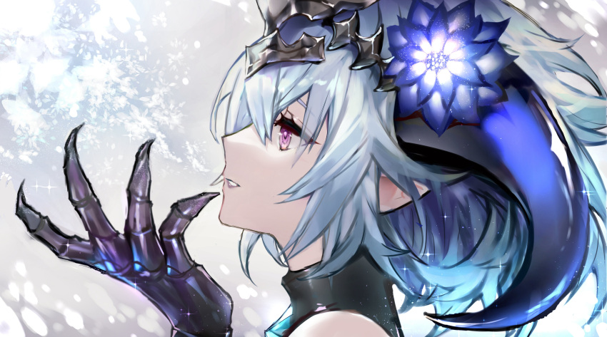 Safebooru - 1girl absurdres blue flower blue hair curled horns dragon girl dragon horns filene ...