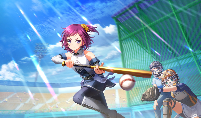 Safebooru - 3girls baseball baseball (object) baseball bat baseball mitt baseball stadium ...