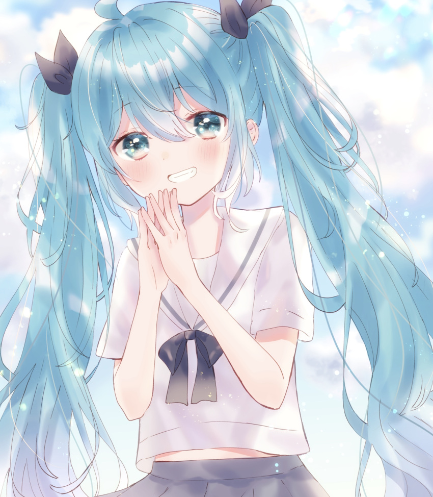 Safebooru - 1girl ahoge aqua eyes aqua hair azarashi6 black bow black bowtie black skirt blush ...