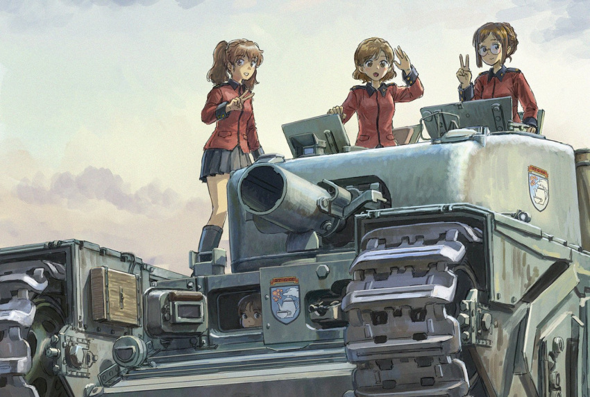 Safebooru - 4girls boots brown eyes brown hair collared jacket ...