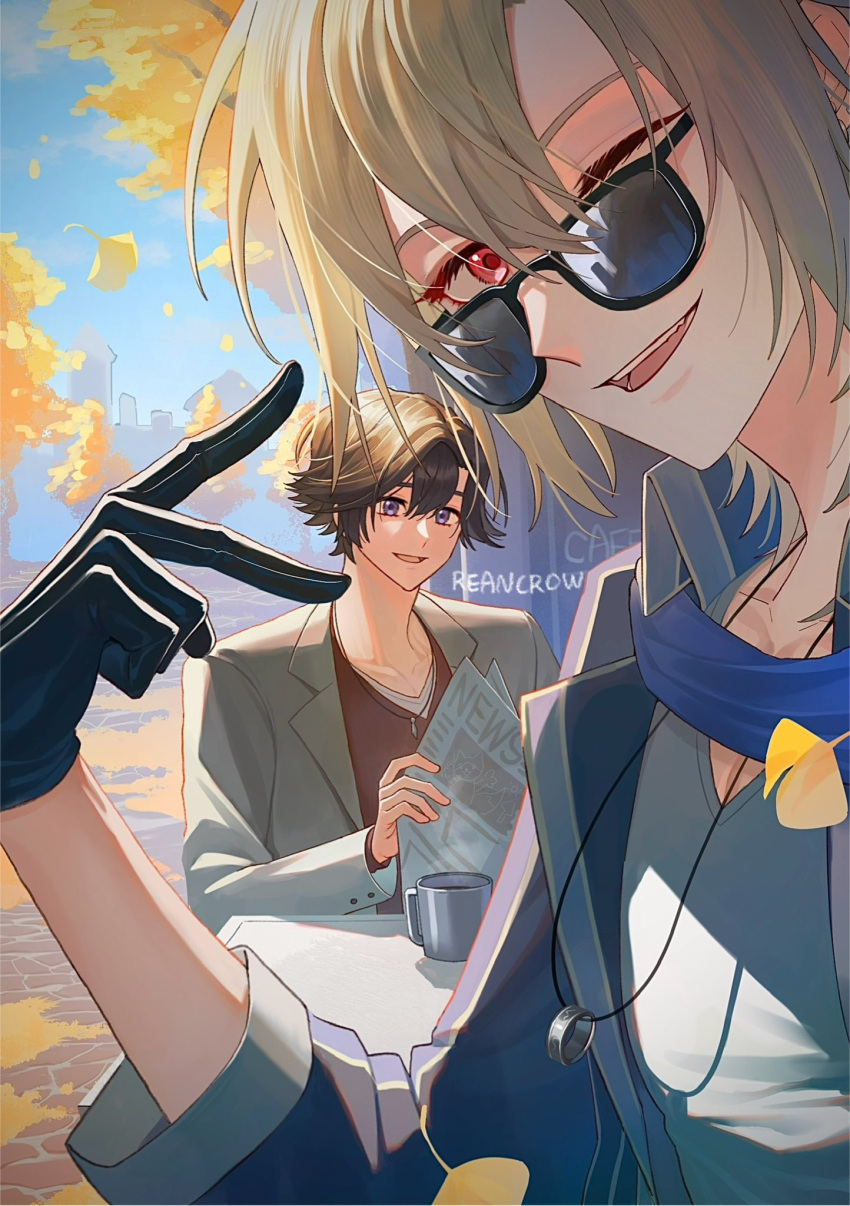 Safebooru - 2boys anotherside rd autumn leaves black-framed eyewear black gloves black hair ...