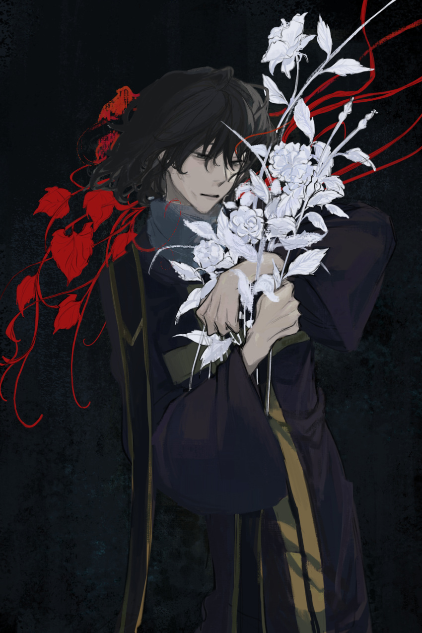 Safebooru - 1boy black background black coat black eyes black hair bouquet chinese commentary ...