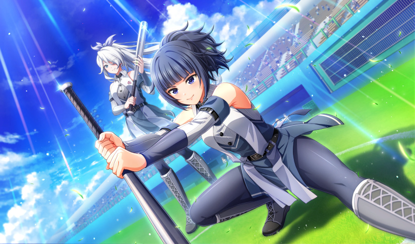 Safebooru - 2girls baseball bat baseball stadium baseball uniform belt ...