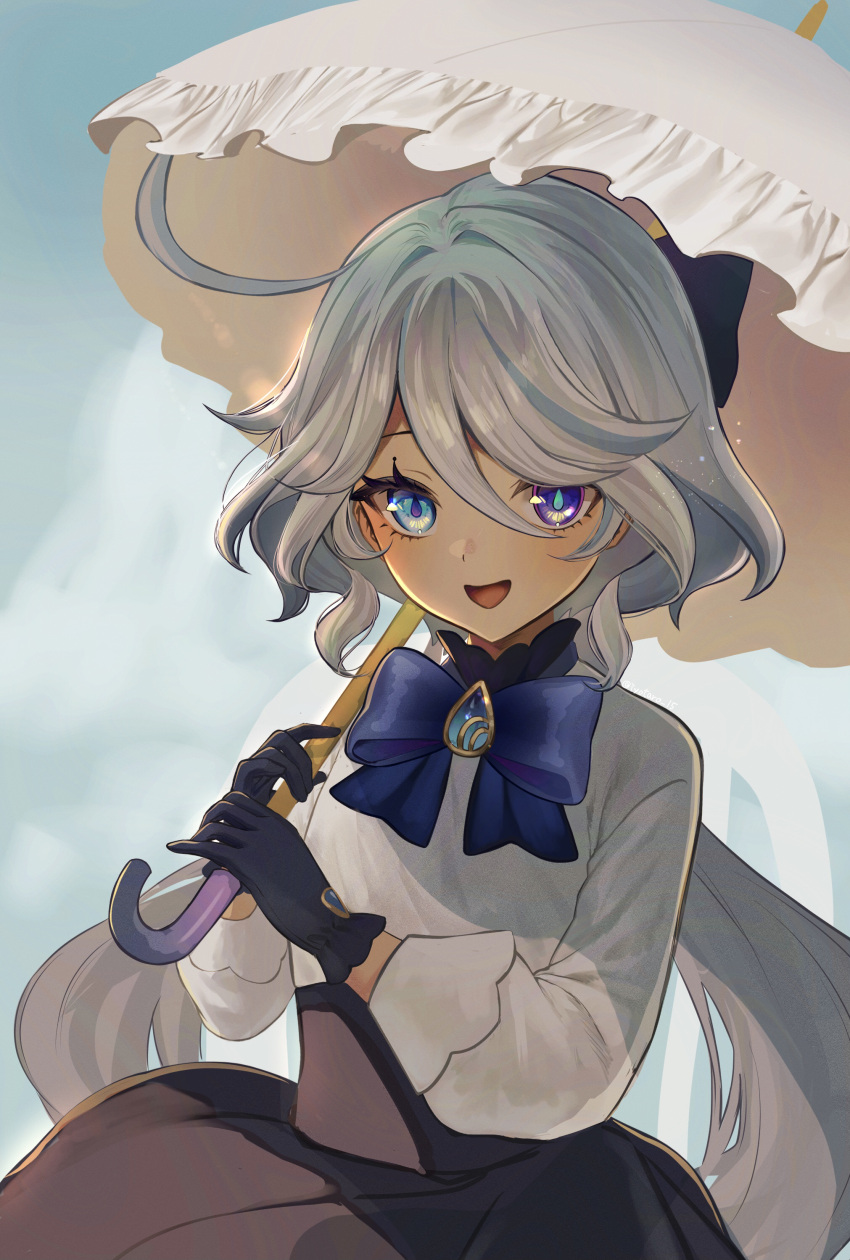 Safebooru - 1girl :d absurdres blue eyes blue gloves blue hair blue ribbon commentary request ...