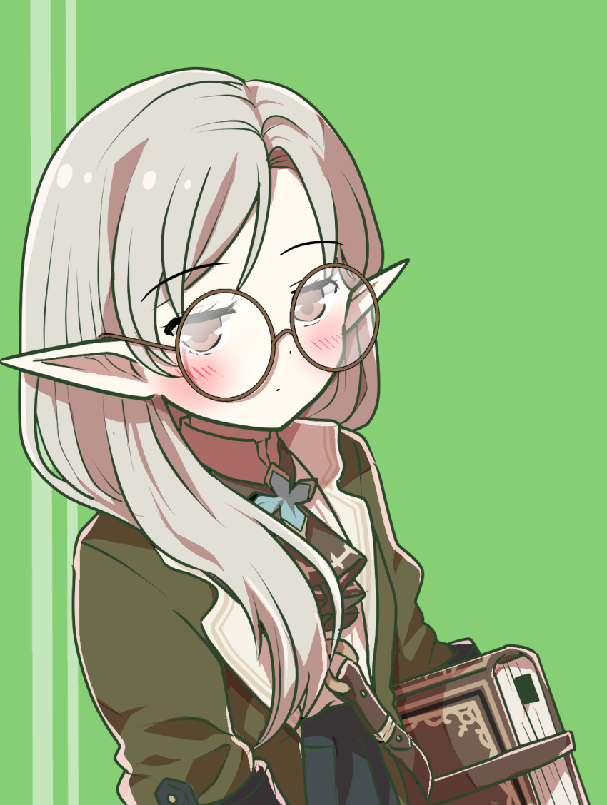 Safebooru - 1girl blush book breasts brown eyes commentary request elf glasses green background ...