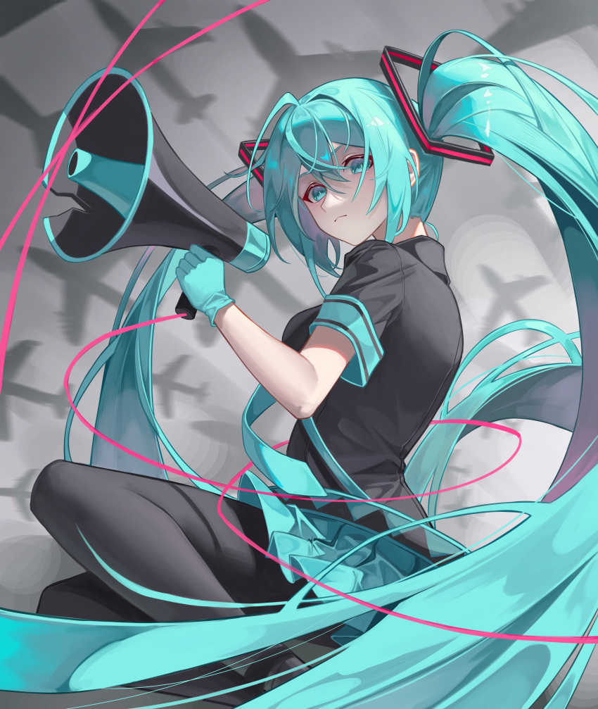 Safebooru - 1girl absurdres aircraft airplane aqua eyes aqua hair black pantyhose black shirt ...