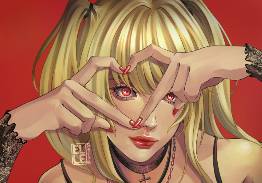 Safebooru - 1girl 4-finger heart hands amane misa artist logo artist name black choker blonde ...