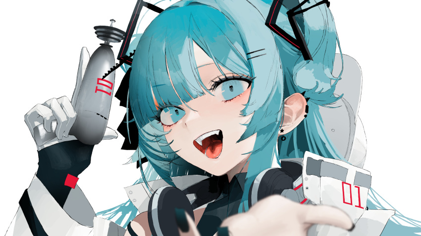 Safebooru - 1girl :d absurdres aoishi pachira aqua eyes aqua hair black nails blunt bangs ear ...