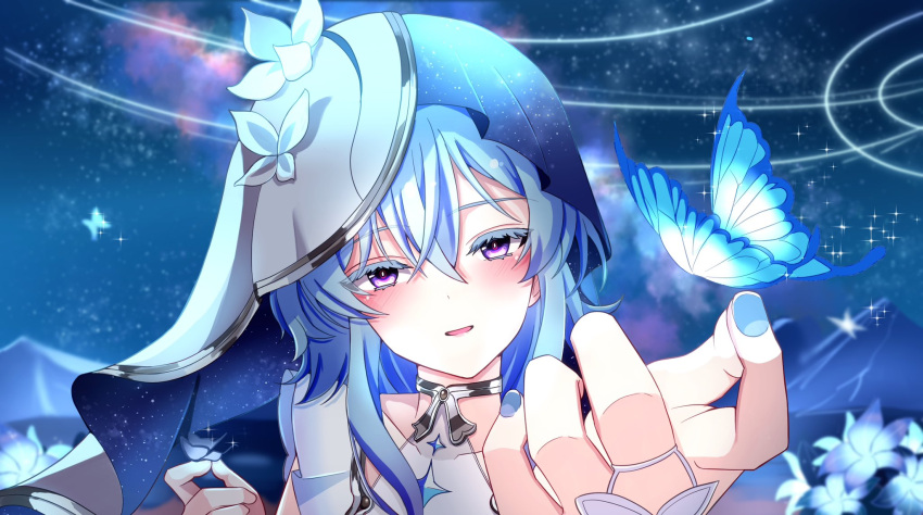 Safebooru - 1girl blue butterfly blue hair blue nails blue theme blue veil blurry blurry ...