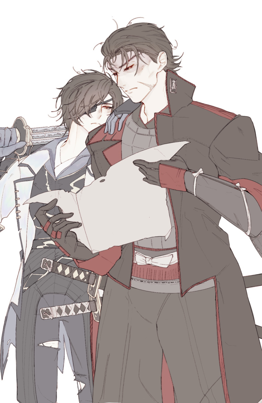 Safebooru - 2boys black coat brown eyes brown hair coat cowboy shot ...