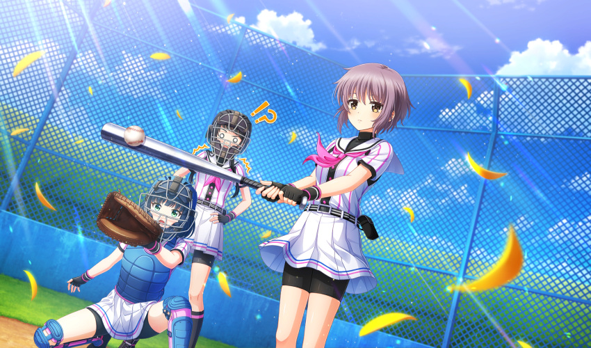 Safebooru - !? 3girls ^^^ baseball baseball (object) baseball bat baseball field baseball mitt ...