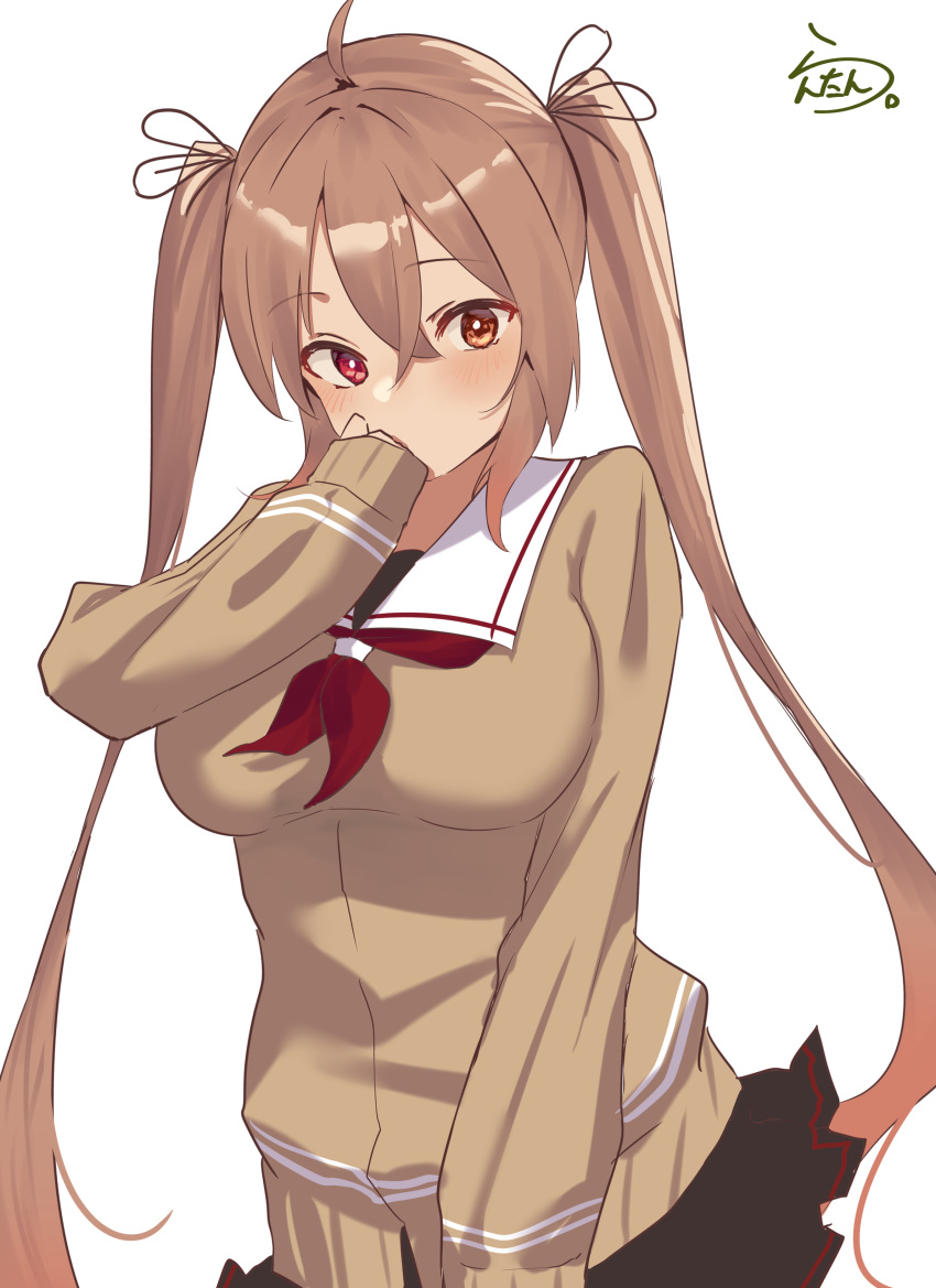 Safebooru - 1girl absurdres artist logo artistic error black skirt brown cardigan brown eyes ...