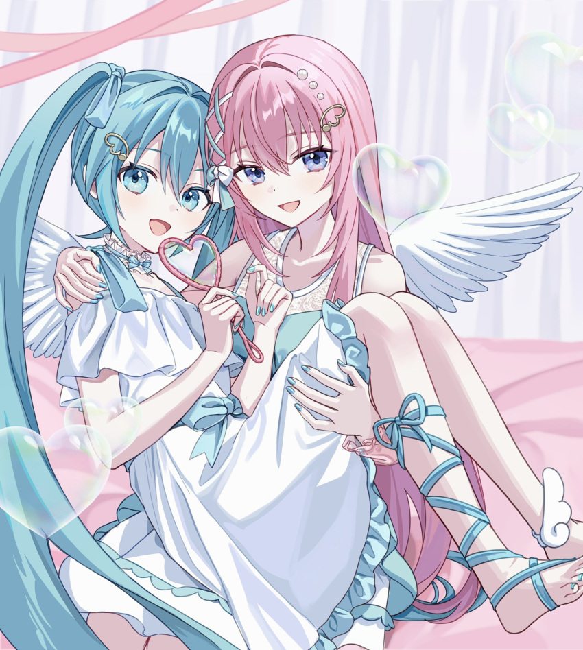 Safebooru - 2girls aqua eyes aqua hair aqua nails aqua ribbon bare shoulders blue eyes bubble ...