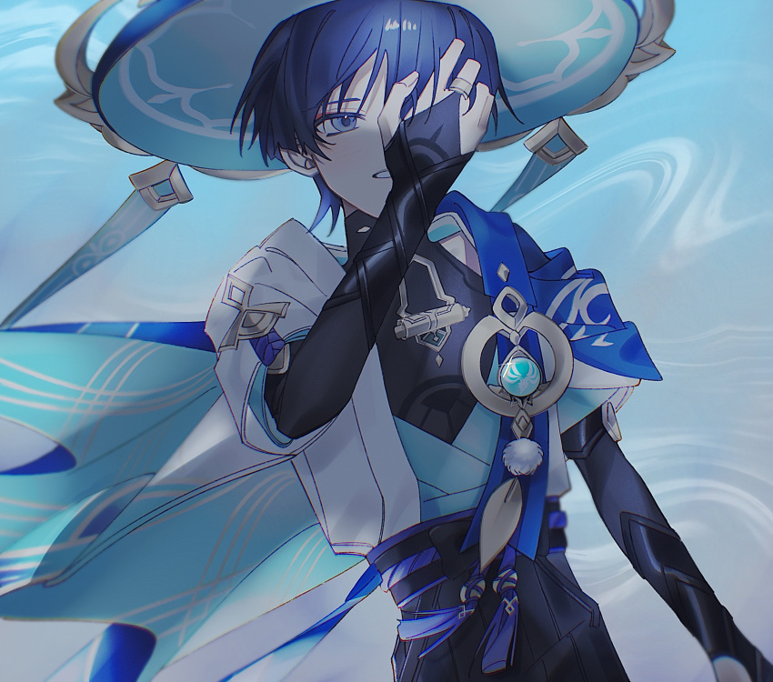 Safebooru - 1boy absurdres anemo symbol (genshin impact) aqua kimono aqua sleeves arm at side ...