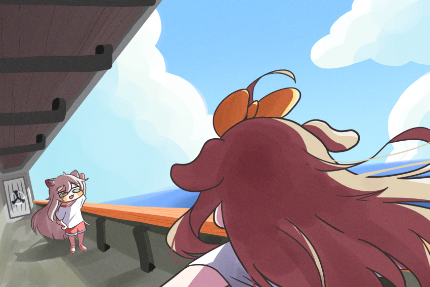 Safebooru - 2girls ahoge animal ear fluff animal ears arm up bow brown ...