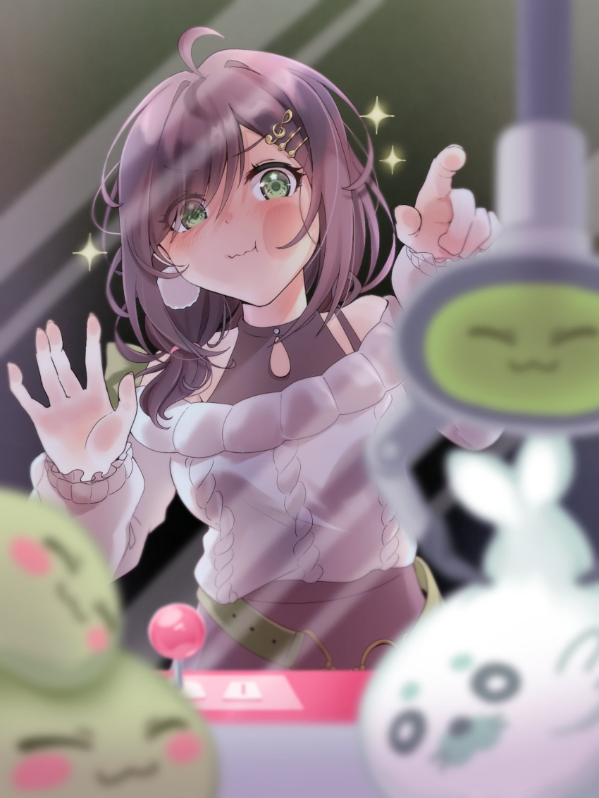 Safebooru - 1girl against glass belt black shirt brown hair closed mouth controller crane game ...