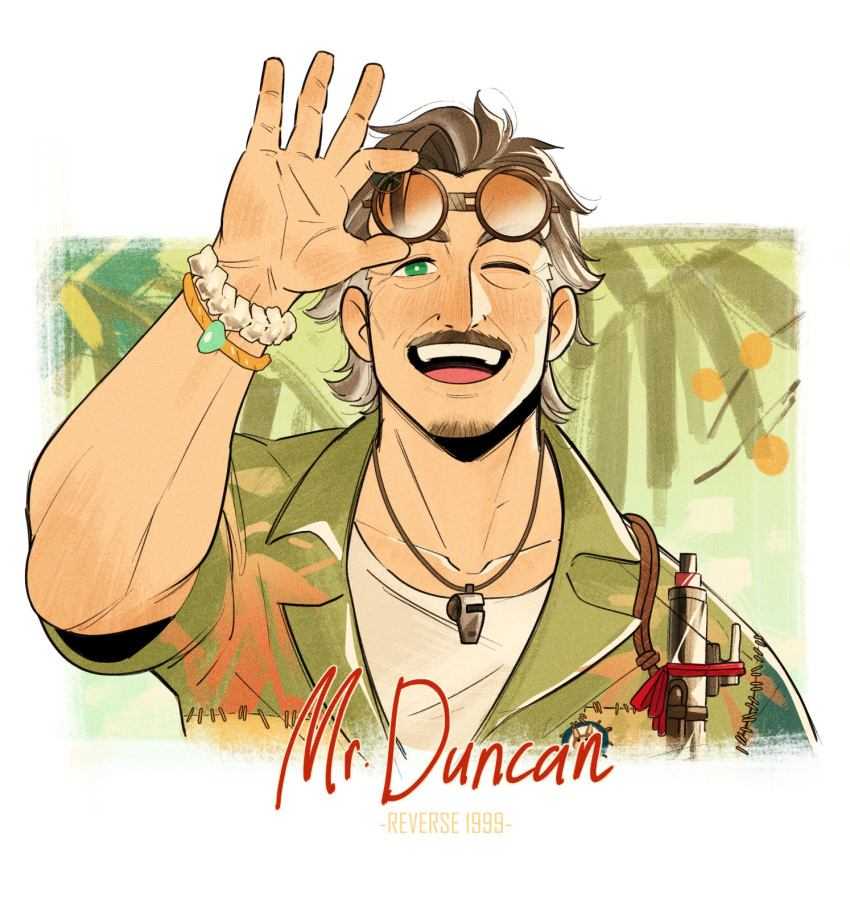 Safebooru - 1boy ;d adjusting eyewear beard stubble blowgun border ...