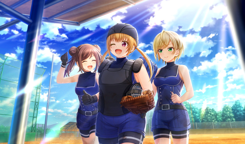 Safebooru - 3girls :d ;d ^ ^ baseball field baseball mitt baseball uniform belt belt buckle bike ...