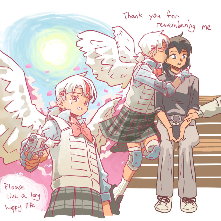 Safebooru - 3girls angel wings anjuro zeeku black hair black shirt blue shirt bow bowtie ...