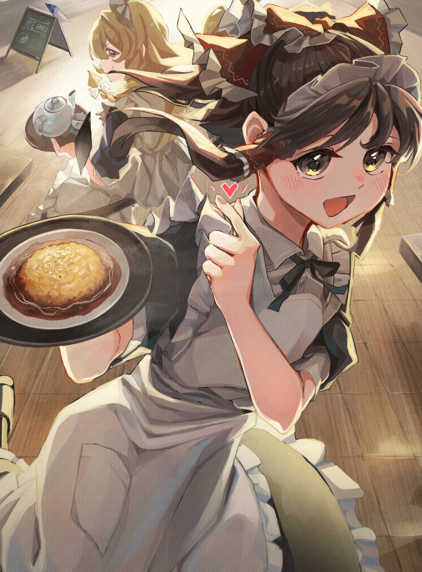 Safebooru - 2girls absurdres alternate costume apron black bow black bowtie blonde hair blush ...