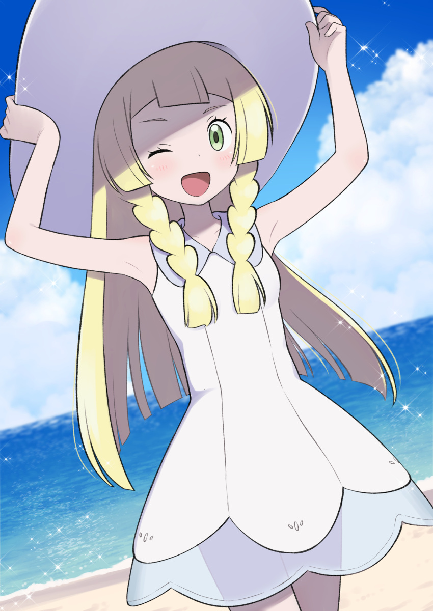 Safebooru - 1girl absurdres beach blonde hair blue sky blunt bangs blush braid clouds commentary ...