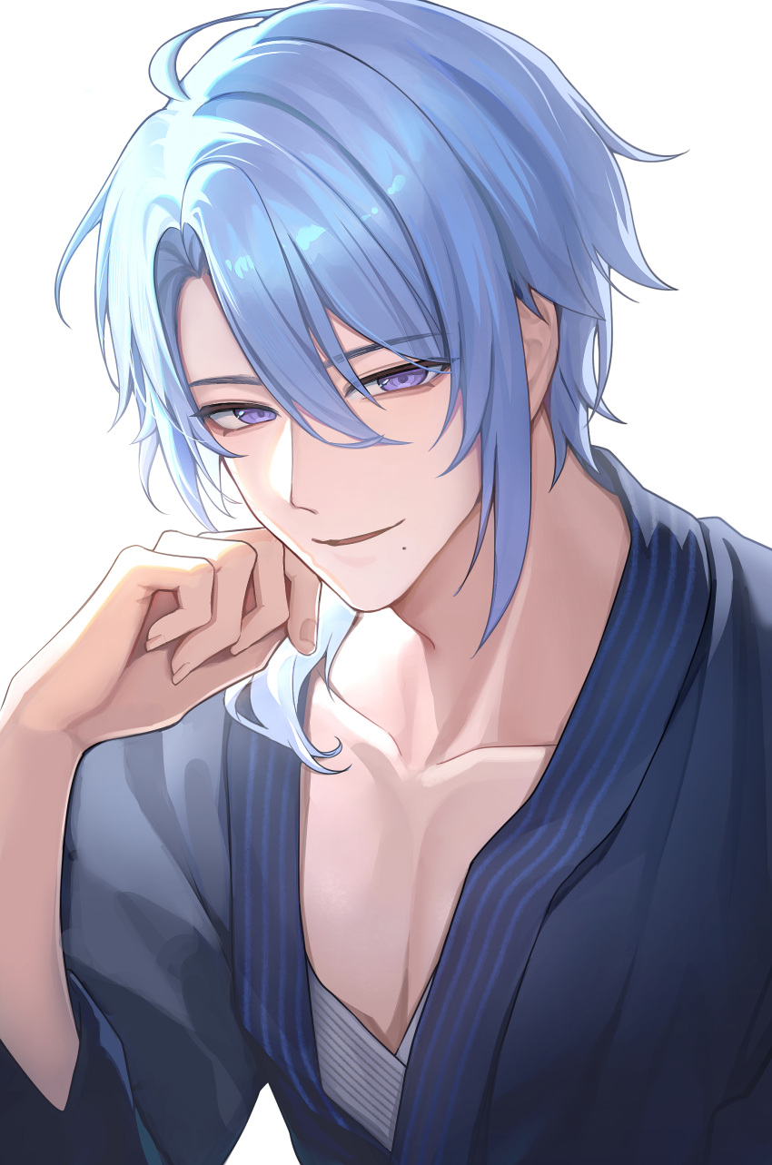 Safebooru - 1boy absurdres backlighting blue hair blue kimono collarbone danha genshin impact ...