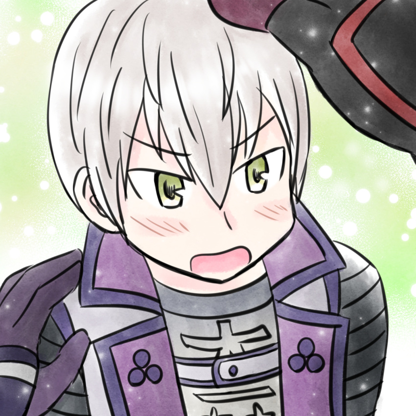 Safebooru - 3boys armor blush embarrassed green background green eyes ...