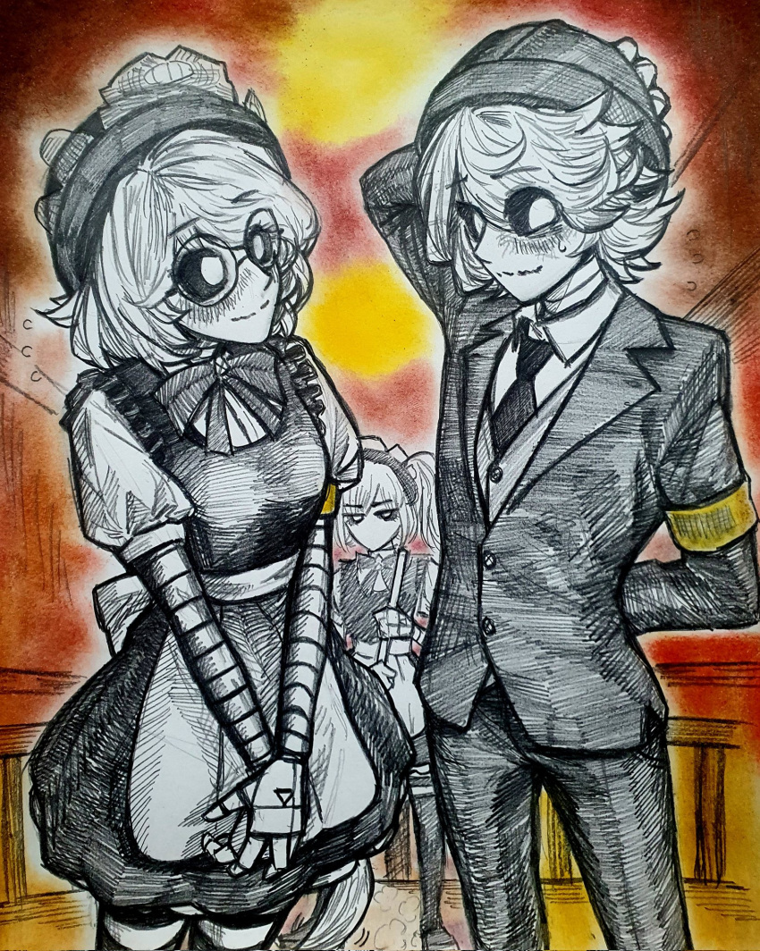 Safebooru - 1boy 2girls alternate costume android apron armband black ...