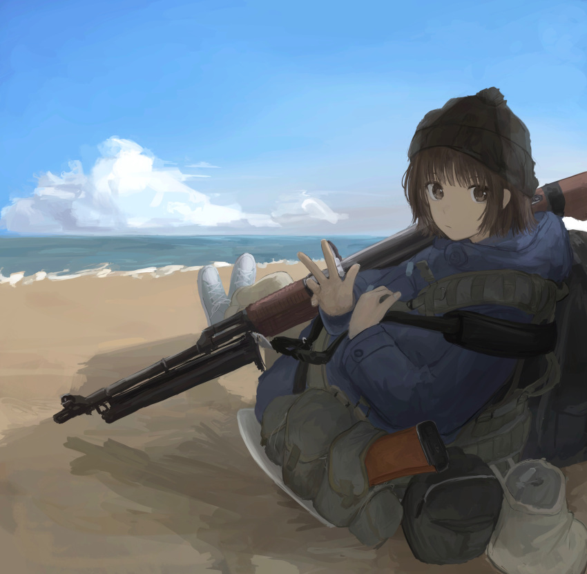 Safebooru - 1girl absurdres attamaf866 backpack bad id bad twitter id bag beach beanie black ...