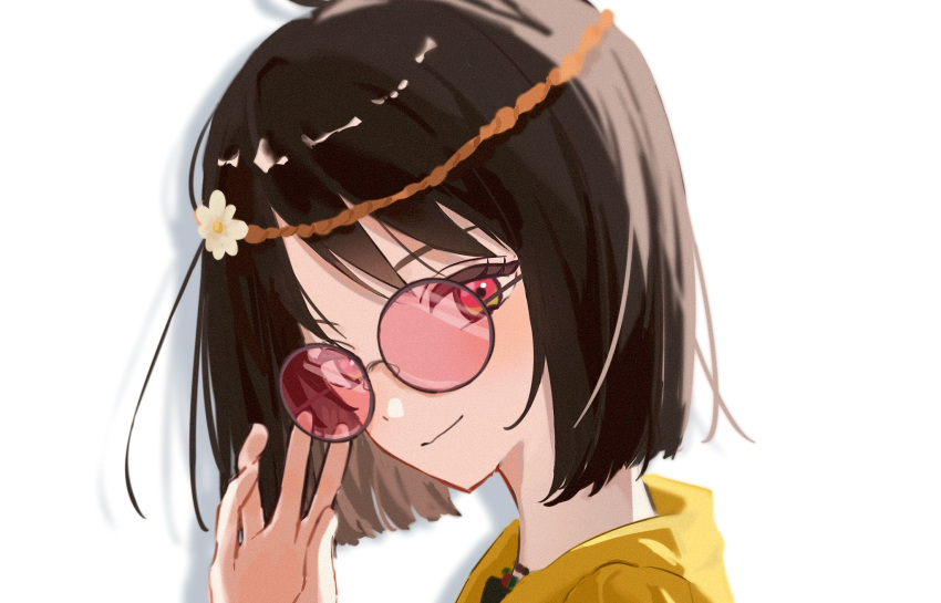 Safebooru - 1girl adjusting eyewear antenna hair black hair bob cut closed mouth flower hair ...