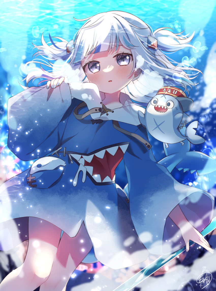 Safebooru - 1girl bloop (gawr gura) blue background blue eyes blue hoodie blue streaks blunt ...