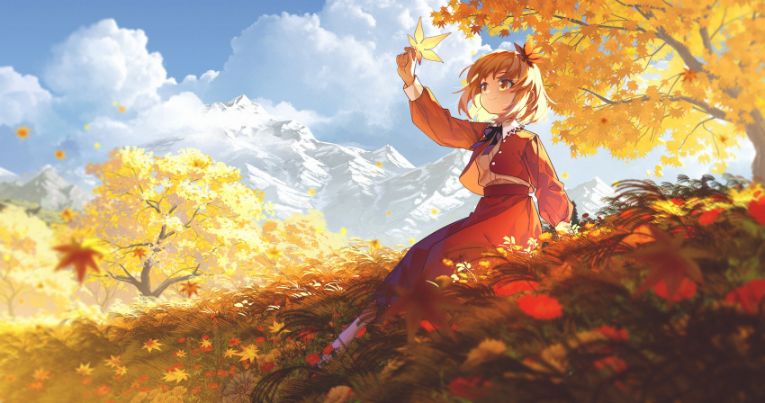 Safebooru - 1girl absurdres aki shizuha arm support arm up autumn autumn leaves blonde hair blue ...